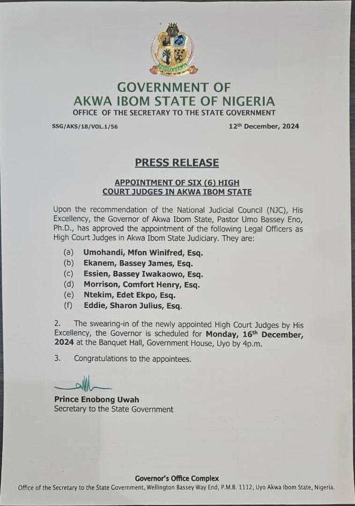 Akwa Ibom Govt Appoints Six New High Court Judges Situationreport
